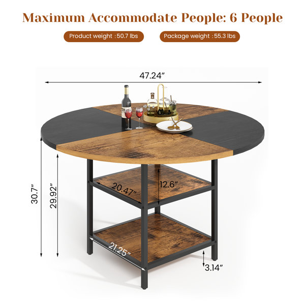 17 Stories 47.24" Round Dining Table For 4, Large Wooden Dining Room Table With 2-Tier Storage ...